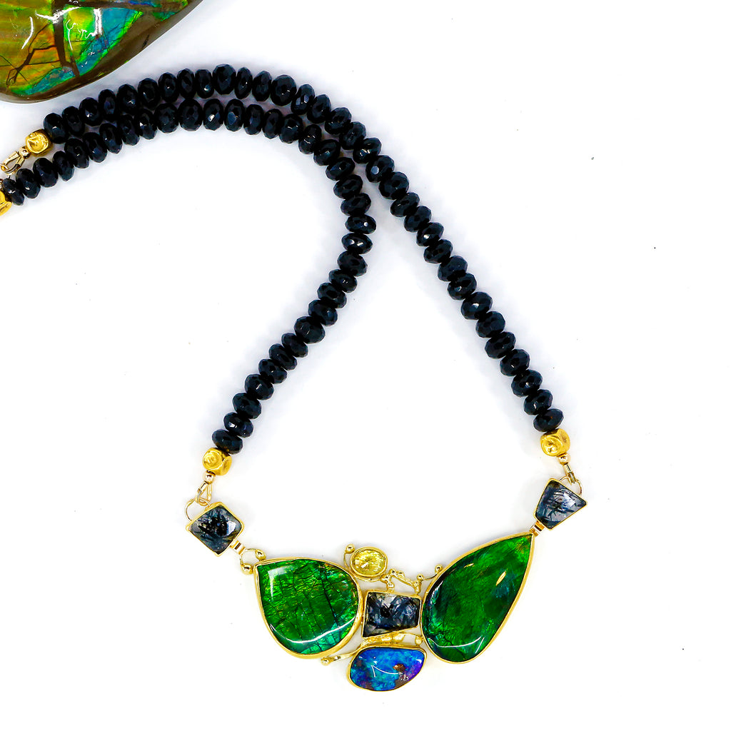 Ammonite Boulder Opal Necklace Yellow Rose Cut Sapphire Black Tourmali ...