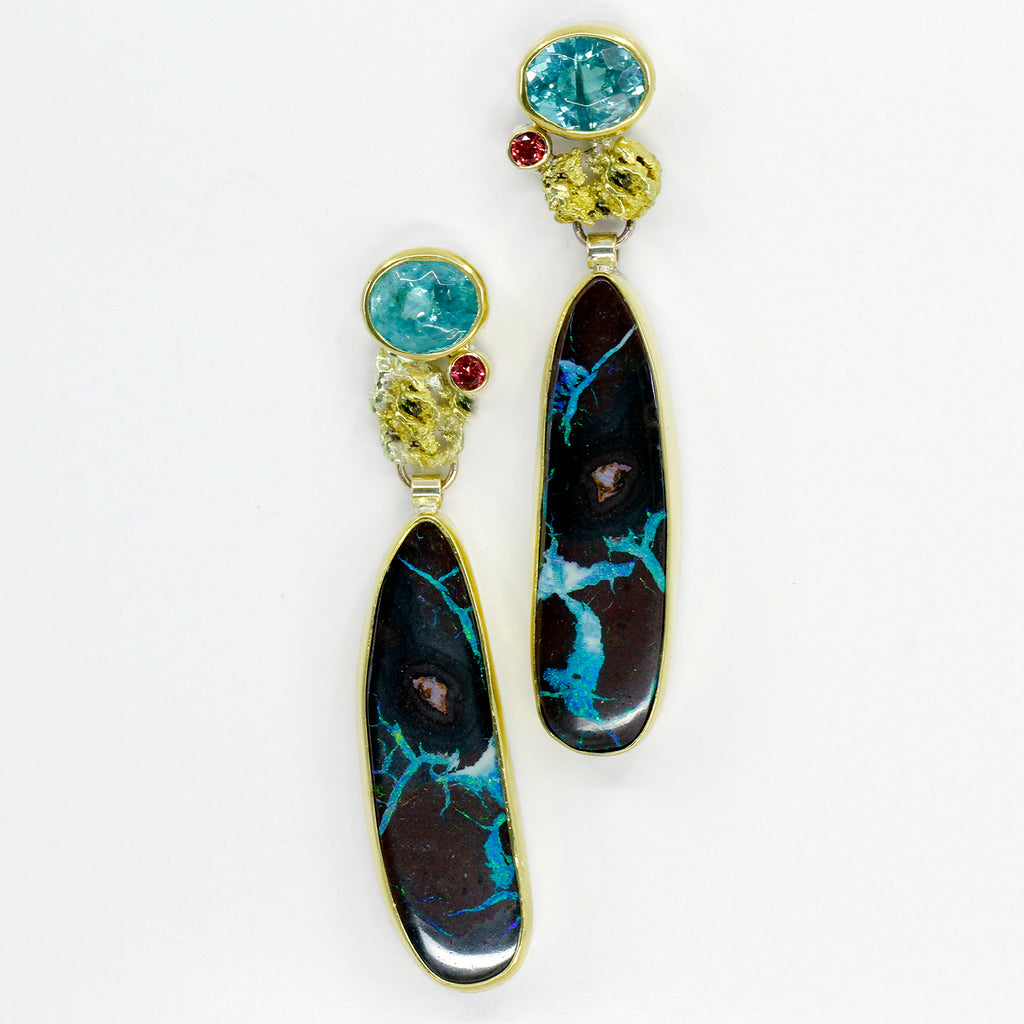 Boulder Opal Matrix Earring with Apatite Sapphire 22k 18k Alaskan Gold ...