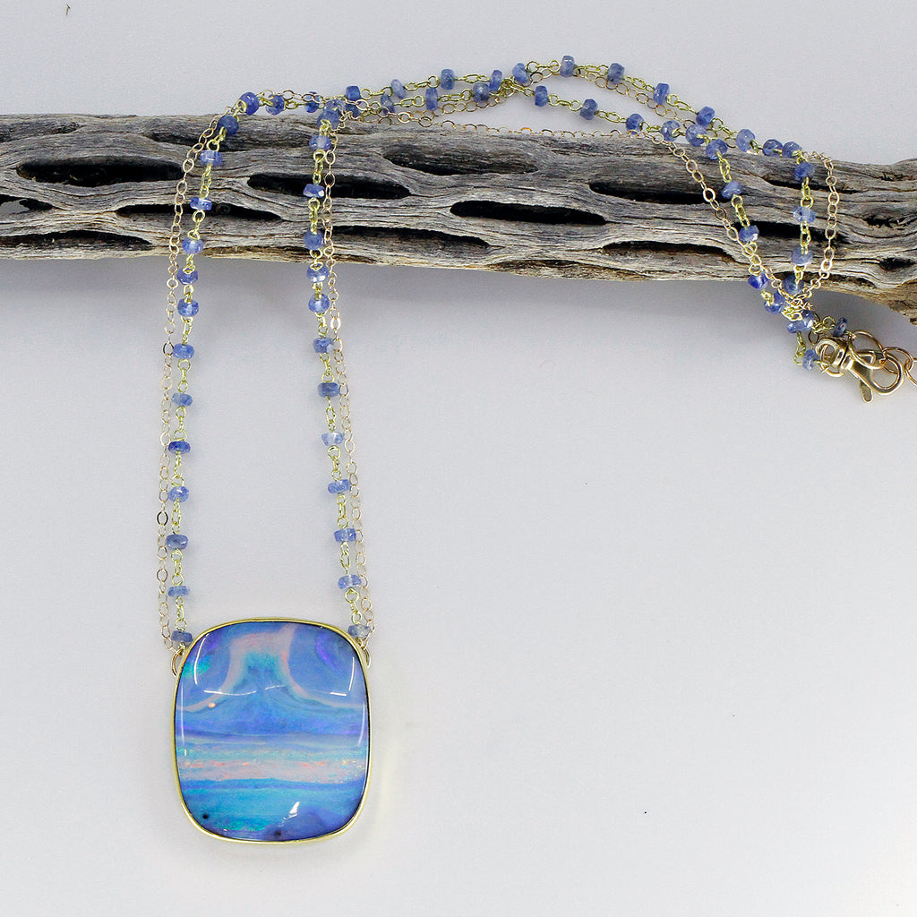Boulder Opal Necklace Sapphire Beaded 18k Chain Diamond Cut Chain – The ...
