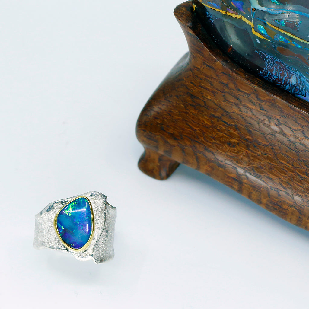 Boulder Opal Sculpted Ring 22k Gold Sterling Silver Textured – The ...