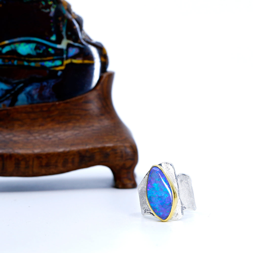 Boulder Opal Sculpted Ring 22k Gold Sterling Silver Textured – The ...