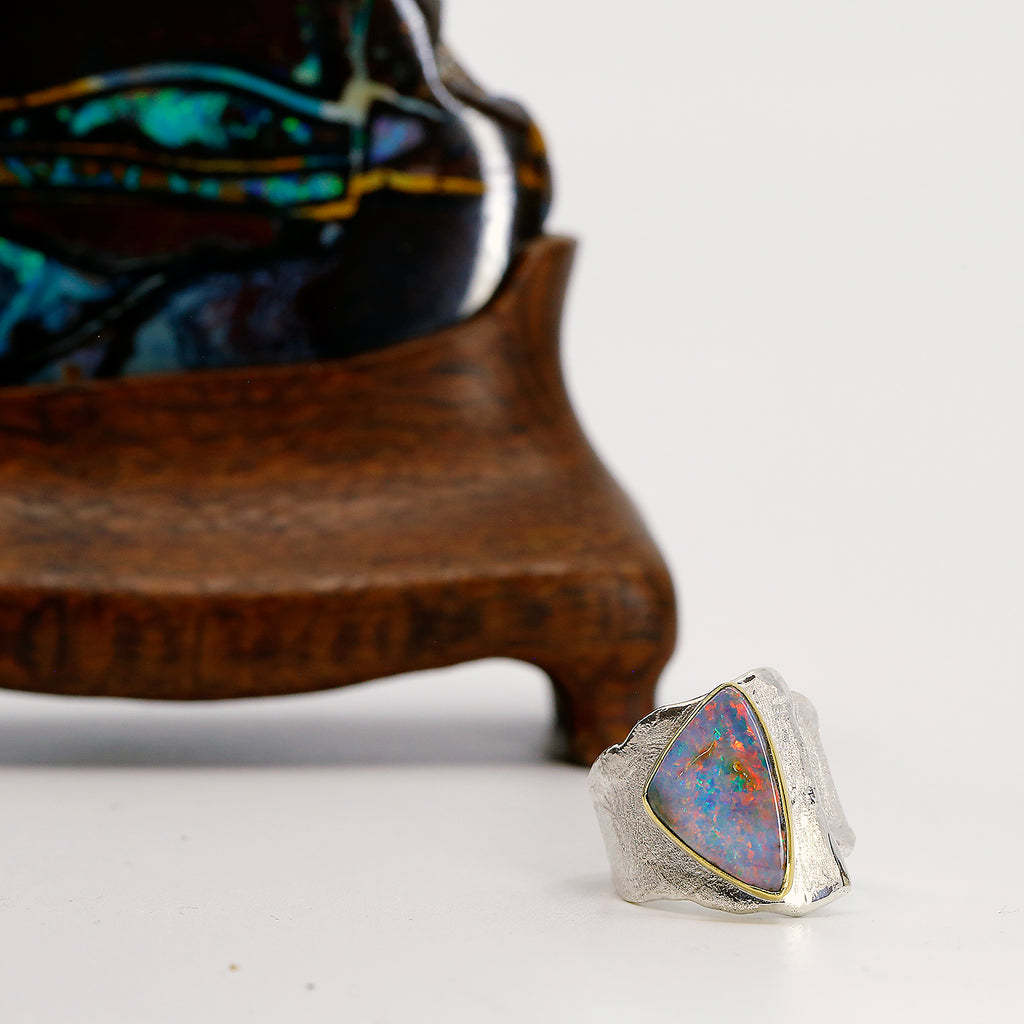 Boulder Opal Sculpted Ring 22k Gold Sterling Silver Textured – The ...