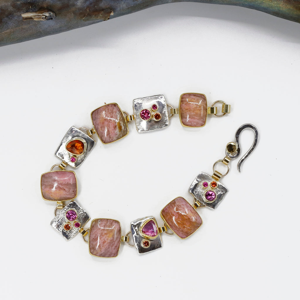 "Pink Moon" Sunset Rhodonite Cuff Bracelet Sapphires Rubies Rose Cut S ...