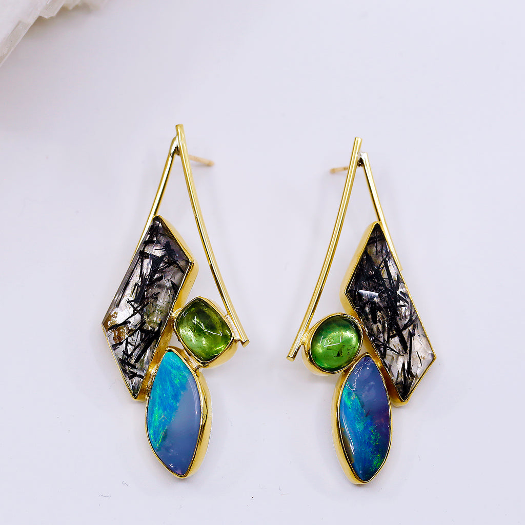 Boulder Opal Earrings Green Tourmaline Tourmalinated Quartz 22k 18k Go ...