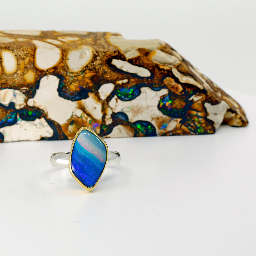 Boulder Opal Ring 22k Gold Sterling Silver 4mm Band – The Kalled Gallery
